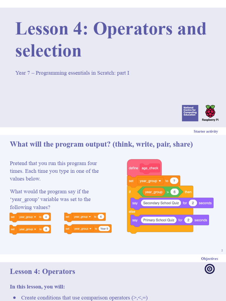Year 7 Scratch: Operators & Selection | PDF | Computer Programming ...