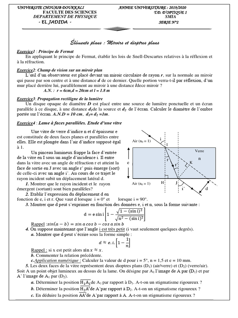Exercices d'Optique: Miroirs et Dioptres | PDF | Indice de réfraction ...