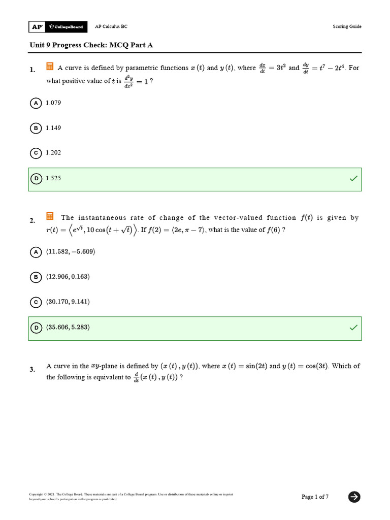 SG - Unit9ProgressCheckMCQPartA Key Parametric | PDF | Curve | Derivative