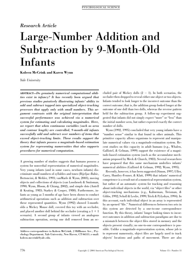 Large-Number Addition and Subtraction by 9-Month-Old Infants Karen Wynn ...