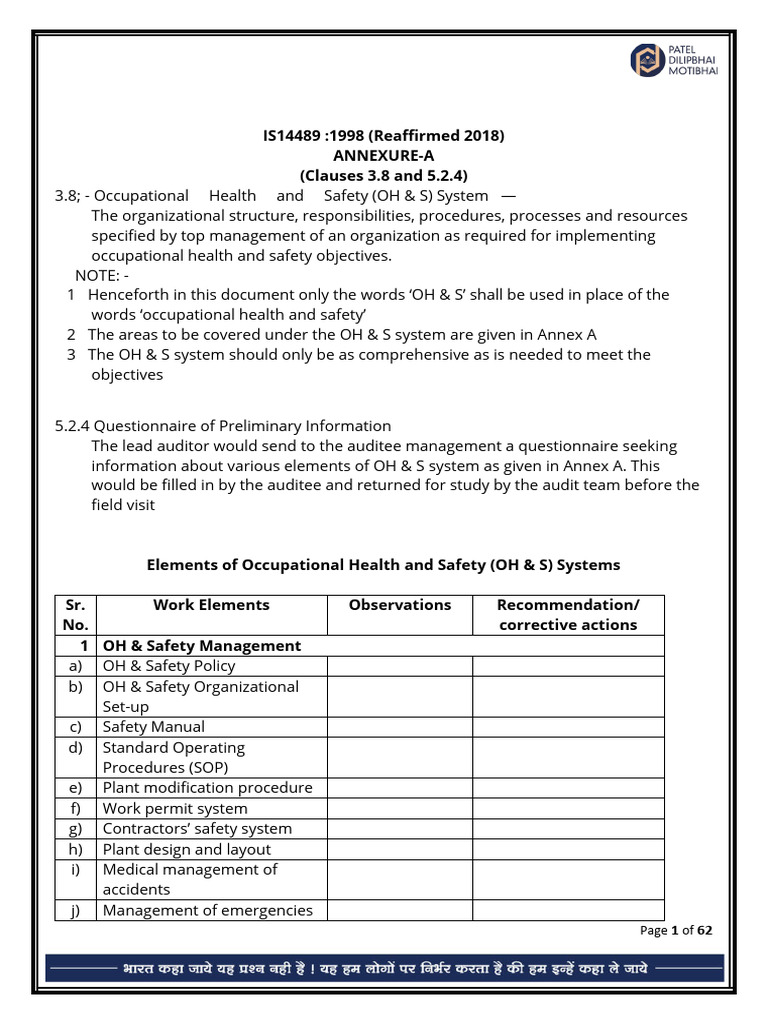 Occupational Health & Safety System Audit | PDF | Occupational Safety ...