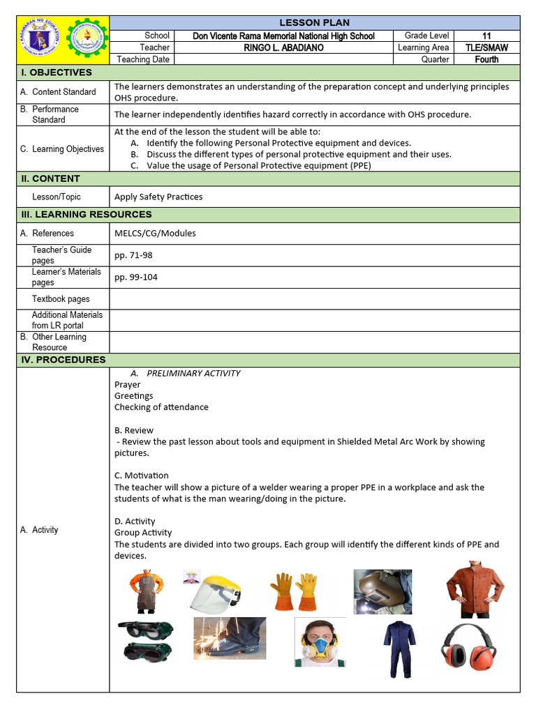 Lesson-Plan-Apply Safety Practices | Download Free PDF | Personal ...