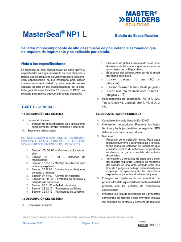 Masterseal Np1 L - Boletín de Especificación | PDF | Pintar | Arquitecto