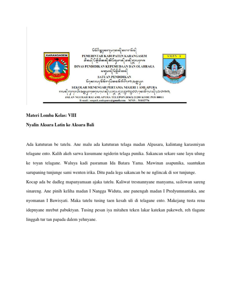 Materi Lomba Nyurat Dari Latin Ke Aksara Bali Kelas 8 | PDF