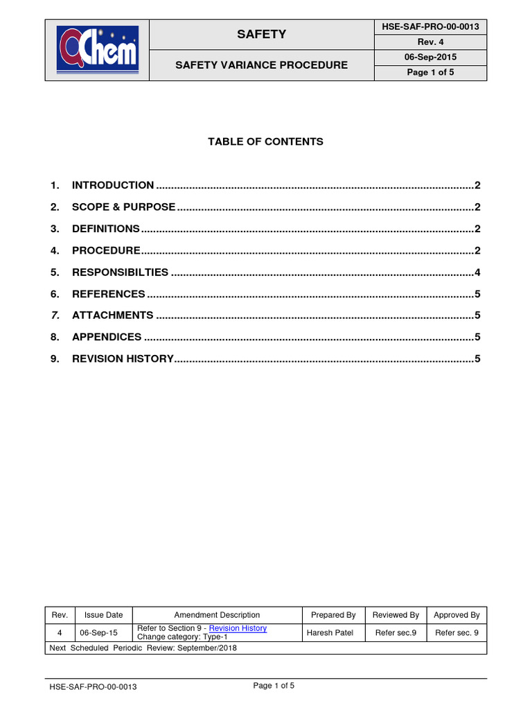 Safety Variance Procedure Pdf Occupational Hygiene Safety