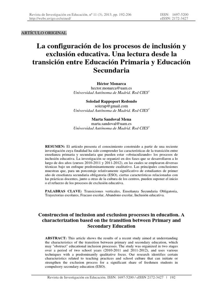 La Configuración de Los Procesos de Inclusión y Exclusión Educativa ...