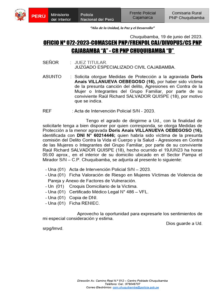 Oficio Solicita Medidas de Proteccion | PDF