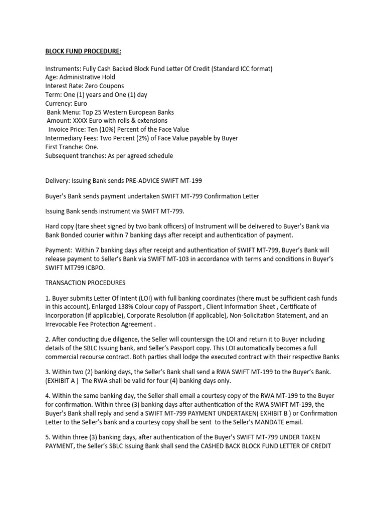 Block Fund Procedure | PDF | Letter Of Credit | Banks