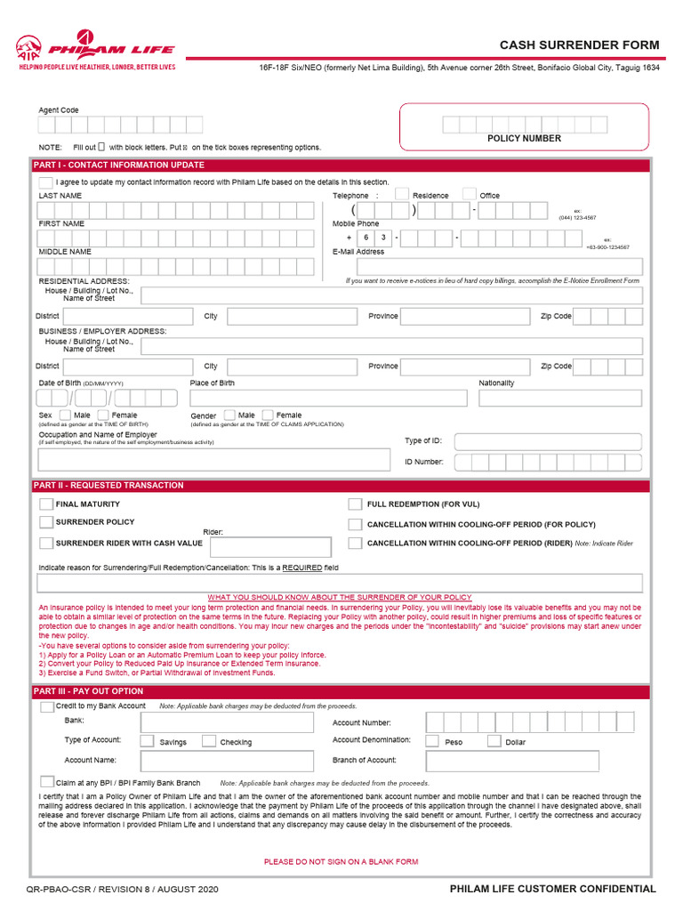 AIA Philam Life Cash Surrender Request Form | Download Free PDF ...