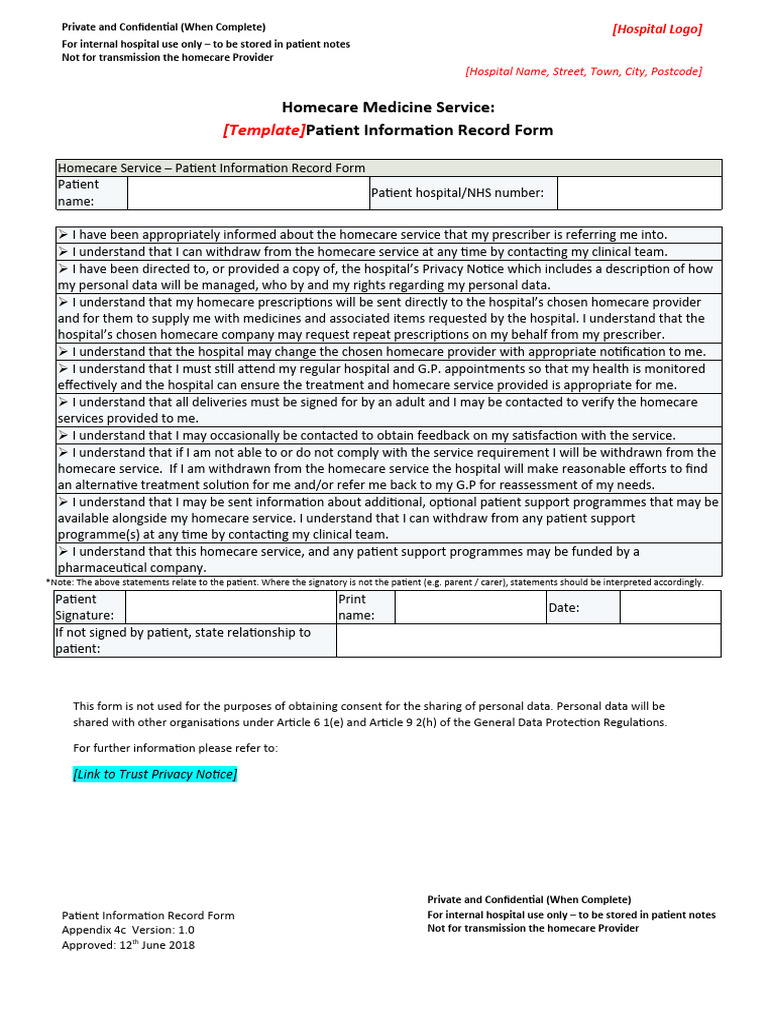 Appendix 4c - Patient Information Record Form Template | PDF | Hospital ...