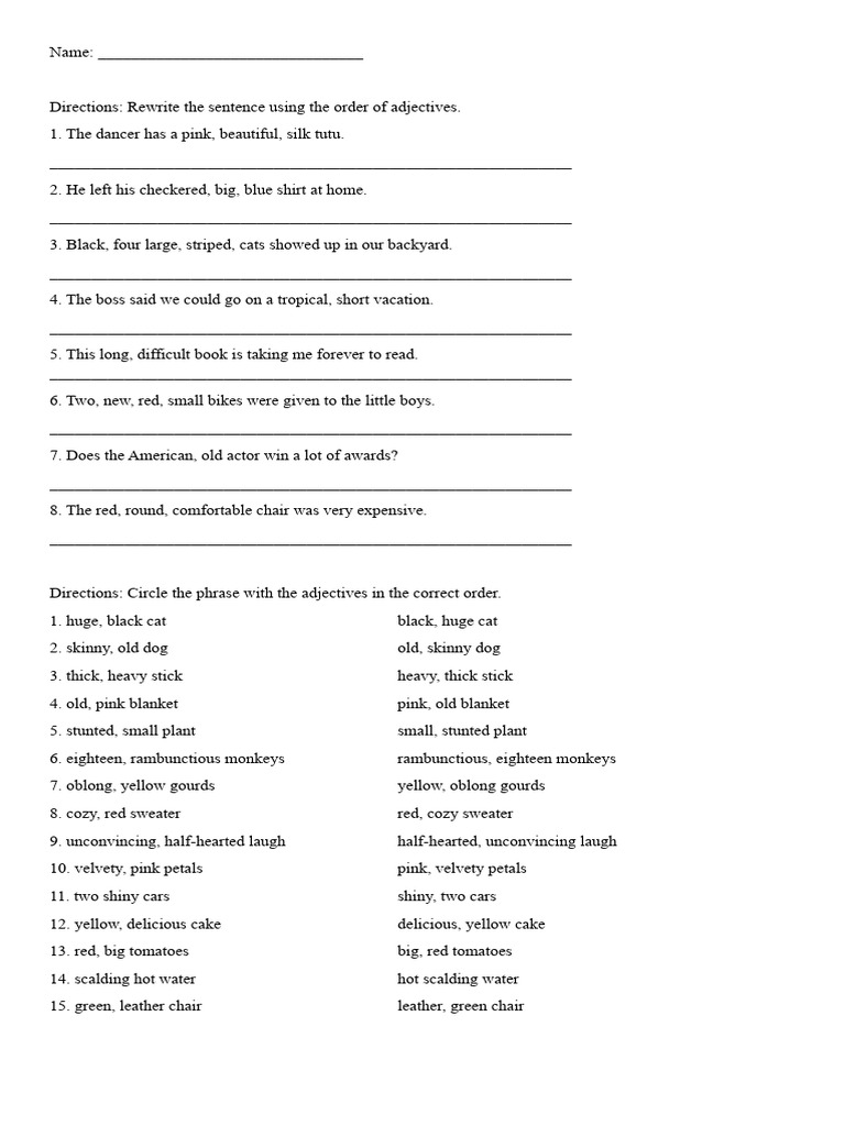 Review Quiz (Order of Adjectives) | PDF | Grammar | Syntax