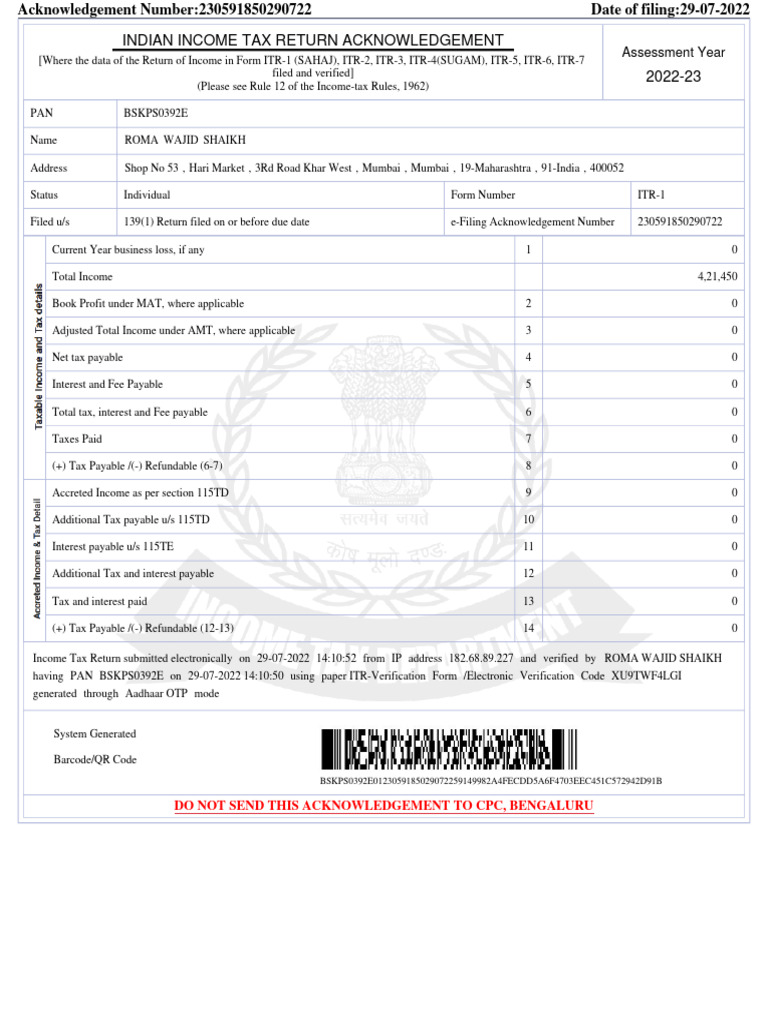 ITR Ack - Roma 2021-22 | PDF | Taxes | Wealth