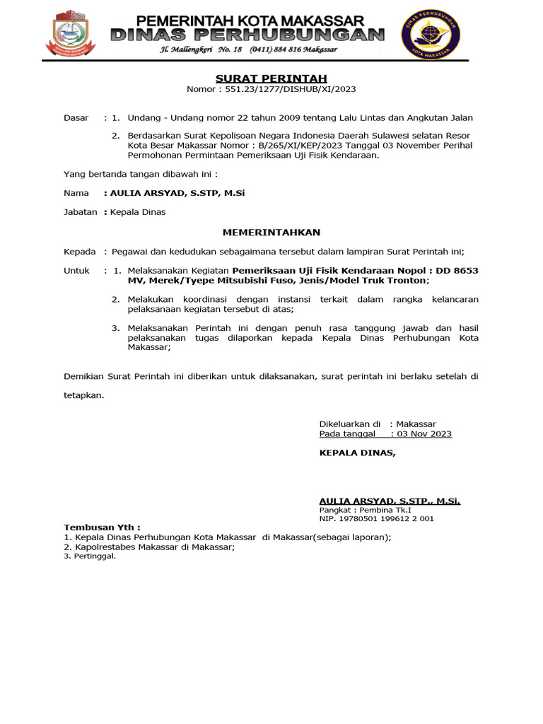 Surat Perintah Uji Fisik Kendaraan Makassar | PDF