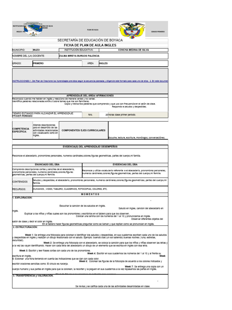 Formatos Plan de Aula Inglés Primer Período 2024 Zulma | PDF | Salón de ... Formatos Plan de Aula Inglés Primer Período 2024 Zulma | PDF | Salón de ...