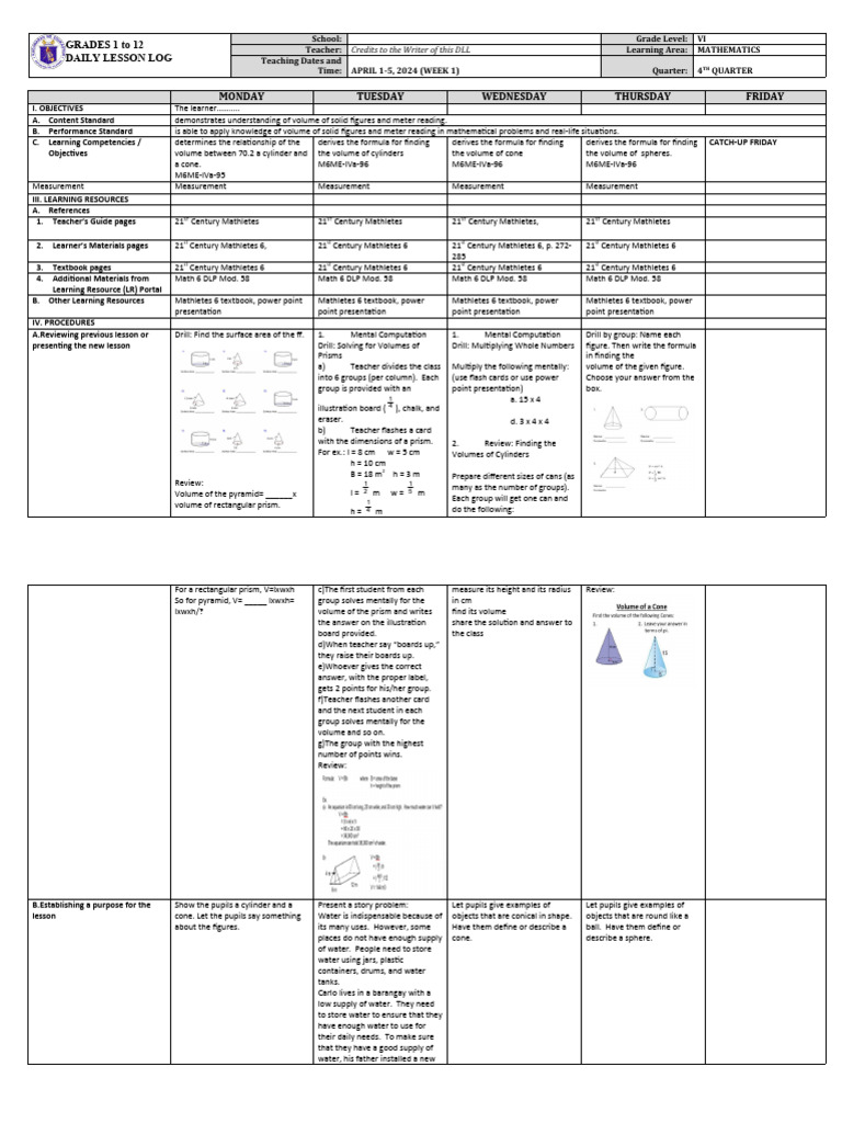 DLL - Mathematics 6 - Q4 - W1 | PDF | Area | Volume