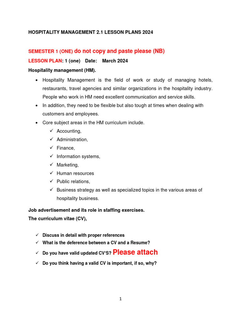 Hospitality Management Lesson Plans 2024 | PDF | Human Resource ...