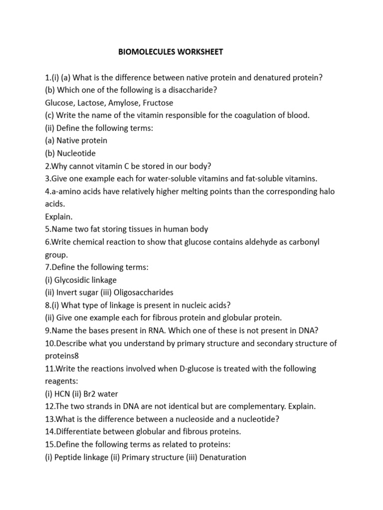 Biomolecules Worksheet | PDF