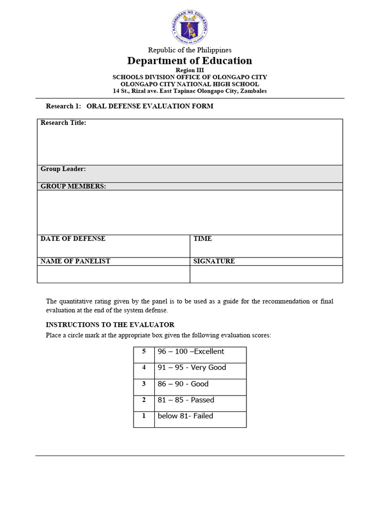 Oral Defense Evaluation Form Template | PDF | Human Communication