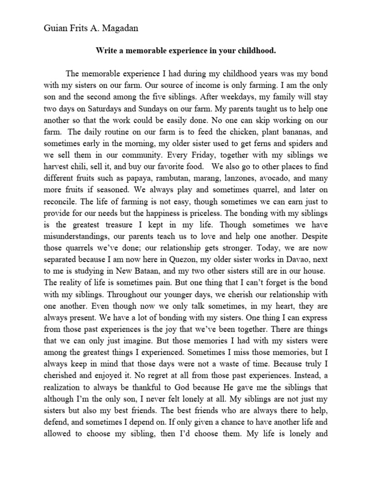 Write A Memorable Experience in Your Childhood | PDF