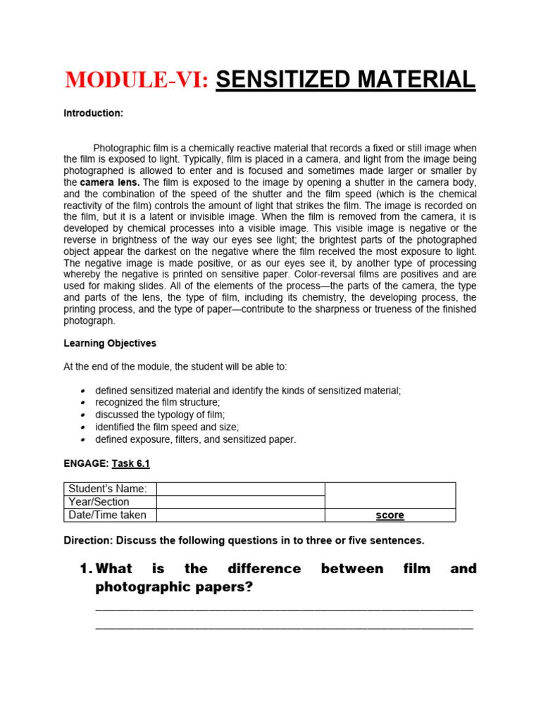 Module-Vi:: Sensitized Material | PDF | Film Speed | Optical Filter