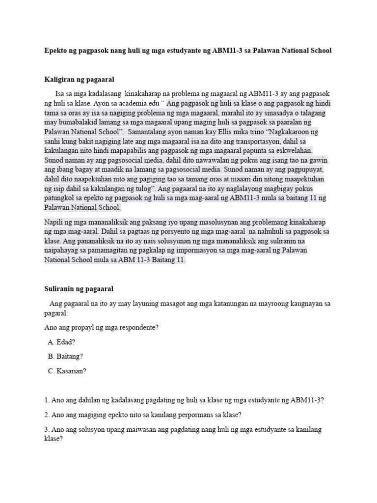 Epekto NG Pagpasok Nang Huli NG Mga Estudyante NG ABM11 | PDF