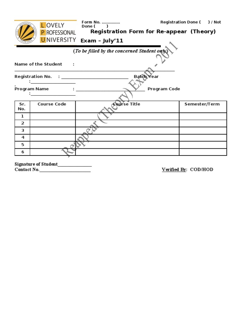 Reappear Exam Registration Form July 2011 | PDF