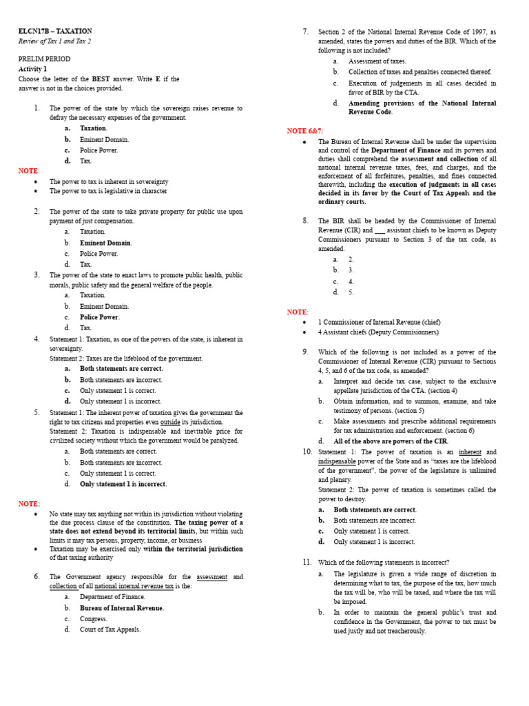 TAX REVIEW - Activity 1 - Answer Key | PDF | Taxes | Value Added Tax