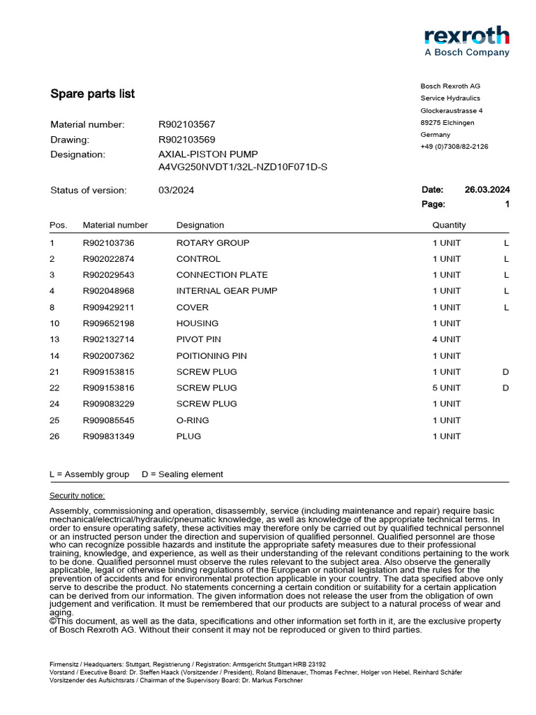 Axial-Piston Pump Spare Parts List | PDF | Safety | Information
