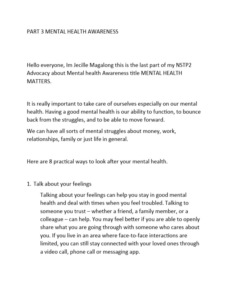Part 3 Mental Health Awareness | PDF | Mental Health | Psychological ...