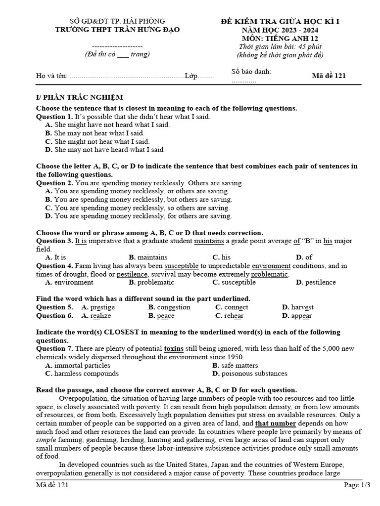 De Giua Ki 1 Tieng Anh 12 Nam 2023 2024 Truong THPT Tran Hung Dao Hai Phong | PDF | Ludwig Van ...