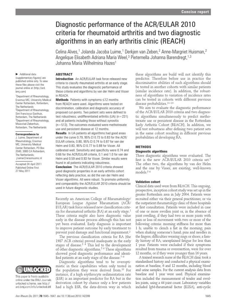 Diagnostic Performance of The ACR/EULAR 2010 Criteria For Rheumatoid ...