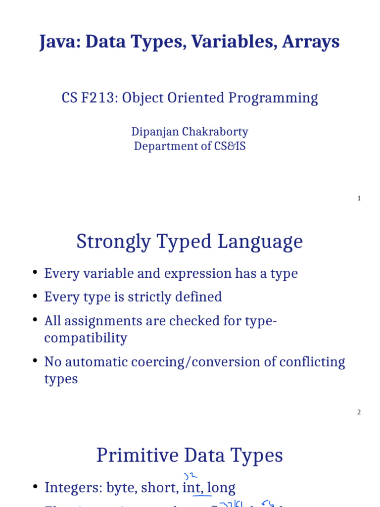 Java Data Types Variables Arrays Cs F213 Object Oriented 6661