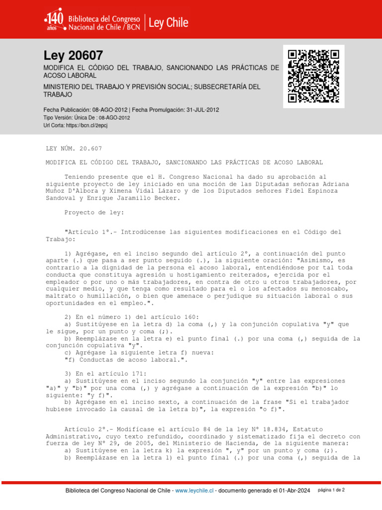 Ley 20607 - 08 AGO 2012 | PDF | Gobierno | Chile