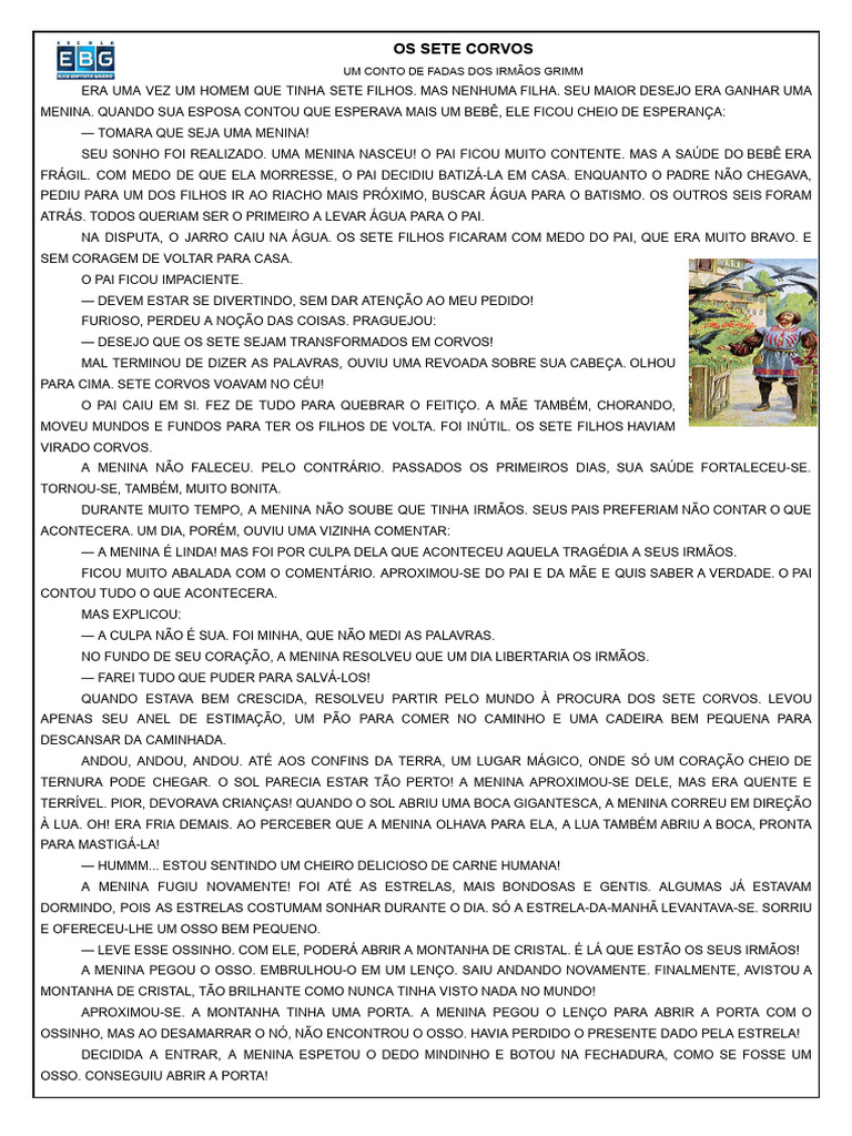 OS SETE CORVOS - Atividade | PDF | Irmãos Grimm | Contos de fadas