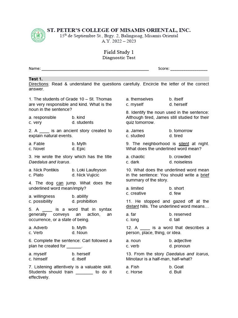 Grade 10 English Diagnostic Test | PDF | Verb | Language Mechanics