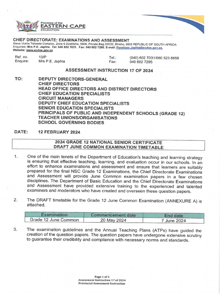 AI - 17 - of - 2024 - Grade 12 May June Common Timetable | PDF