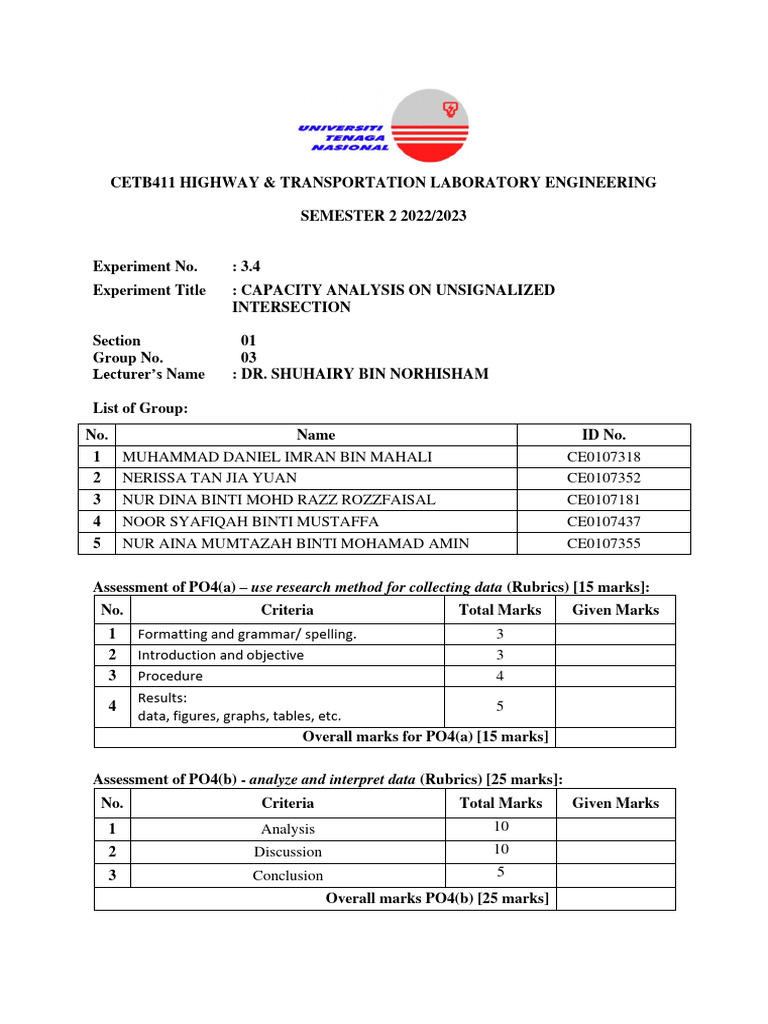 Experiment 3 4 Capacity Analysis Of Unsignalized Intersection Cetb4021 Pdf Traffic