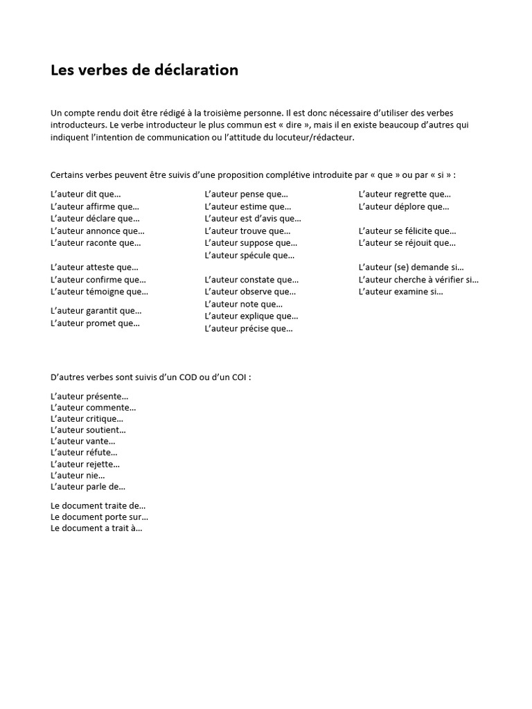 Les verbes de déclaration en français | PDF