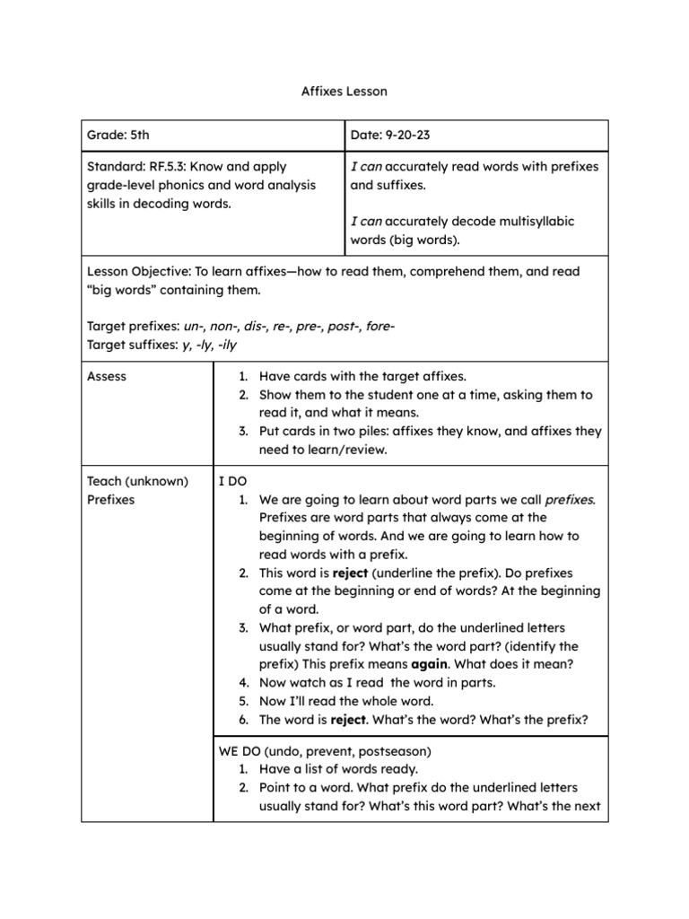 Affixes Lesson Plan and Materials 9-20 | PDF | Word | Phonics