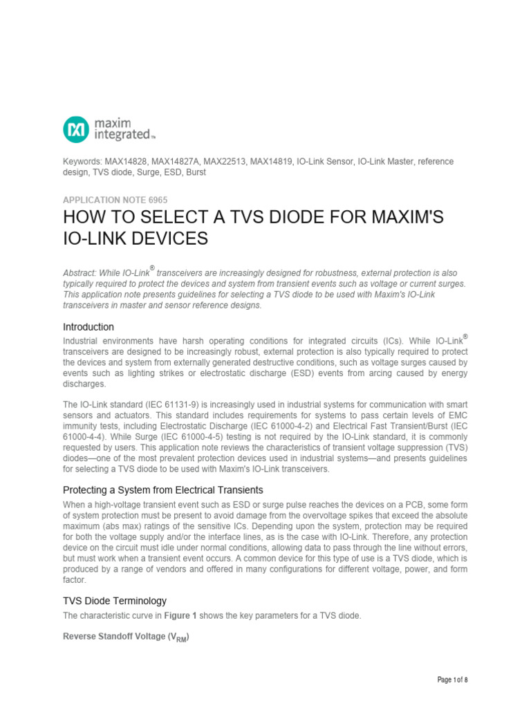 How To Select A Tvs Diode For Maxims Iolink Devices | PDF | Diode ...