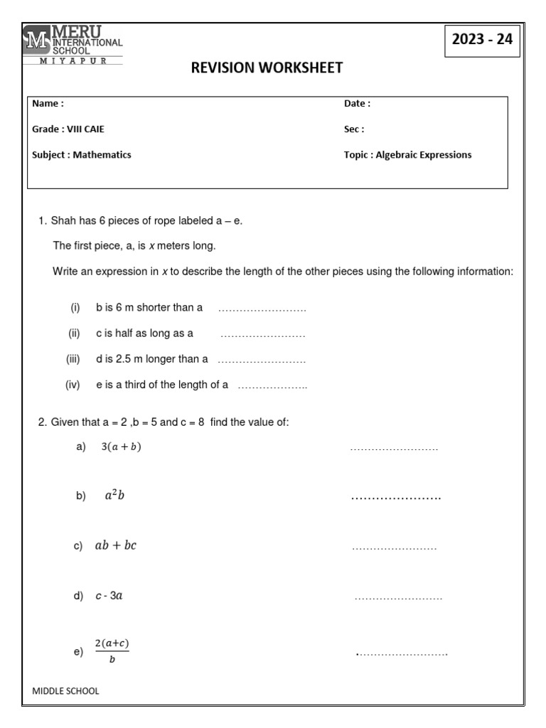 Middle School Algebra Revision Worksheet | PDF | Mathematics