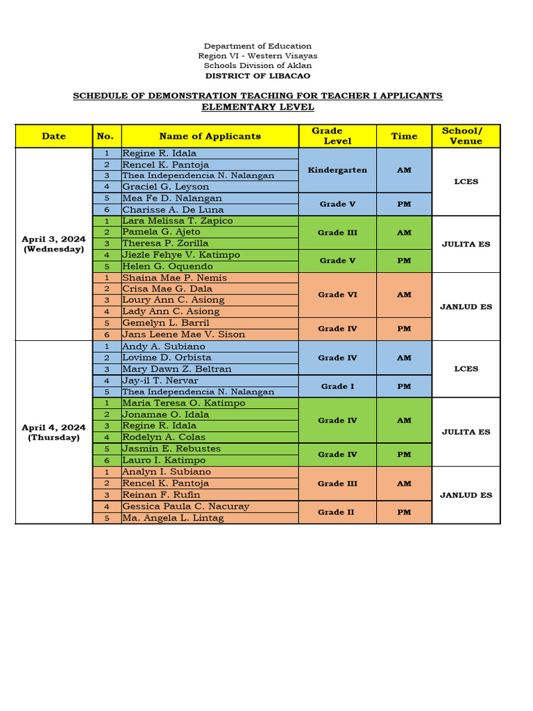 Schedule For Demo Teaching - FINAL | PDF