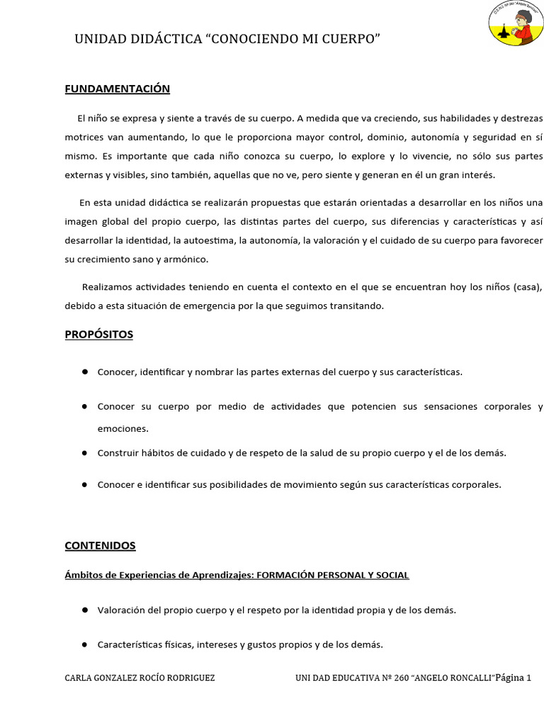 Unidad Didáctica: Conociendo el Cuerpo | PDF