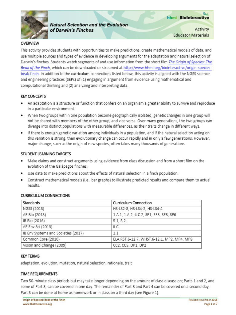 Darwin's Finches: Natural Selection Activity | PDF | Evolution ...