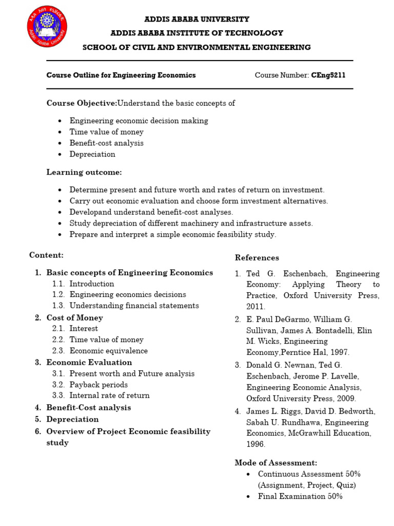 Engineering Economics Course Outline | PDF | Economics | Cost–Benefit ...