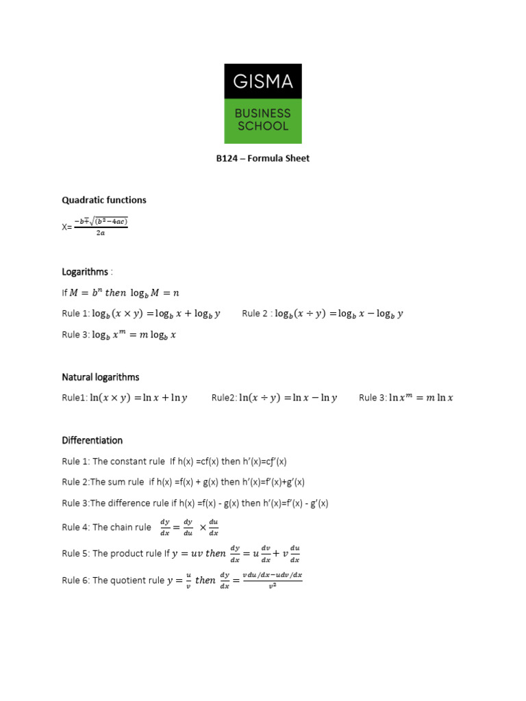 Formula Sheet | PDF | Logarithm | Combinatorics