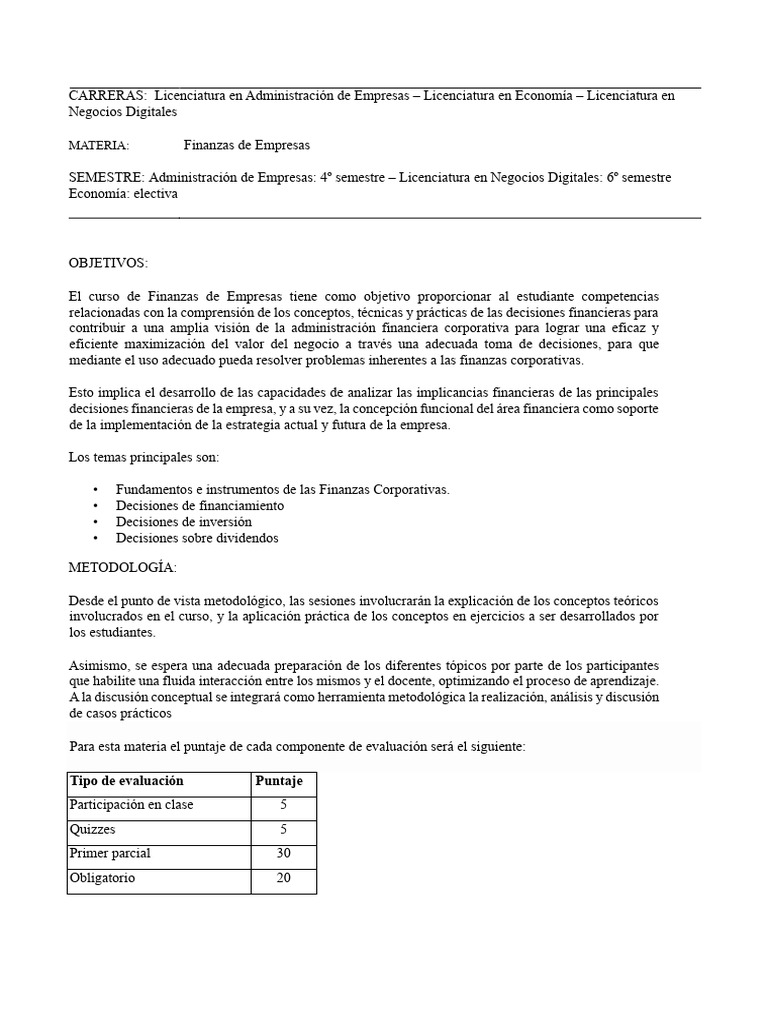 Programa - Finanzas de Empresas | PDF | Evaluación | Business