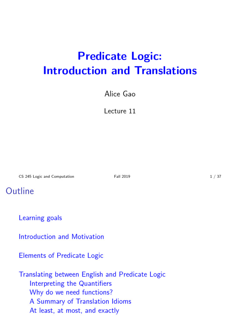 Lec11 Pred Intro Nosol | PDF | First Order Logic | Logic