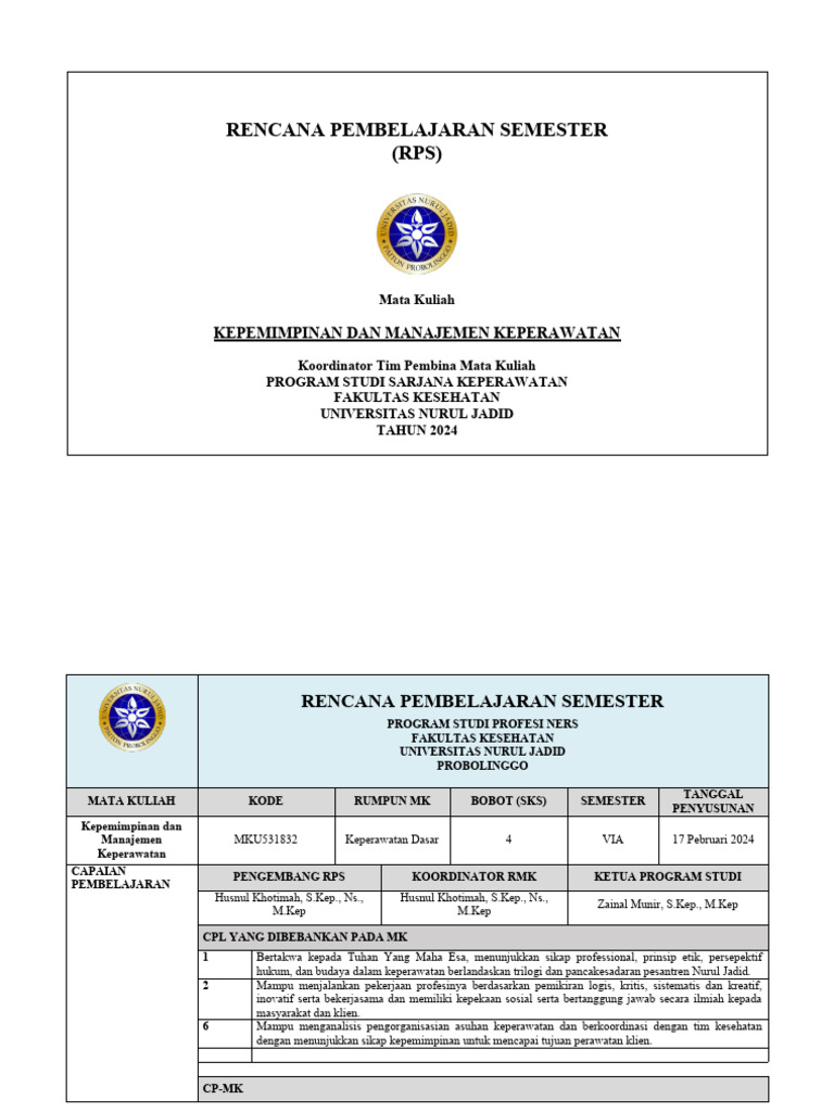 RPS Kepemimpinan Dan Manajemen Keperawatan Sarjana Keperawatan Kelas | PDF
