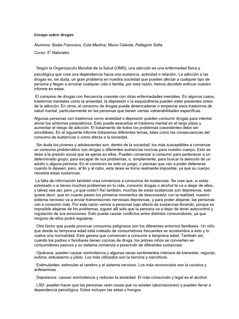 Ensayo Drogas | PDF | Drogas | La dependencia de sustancias
